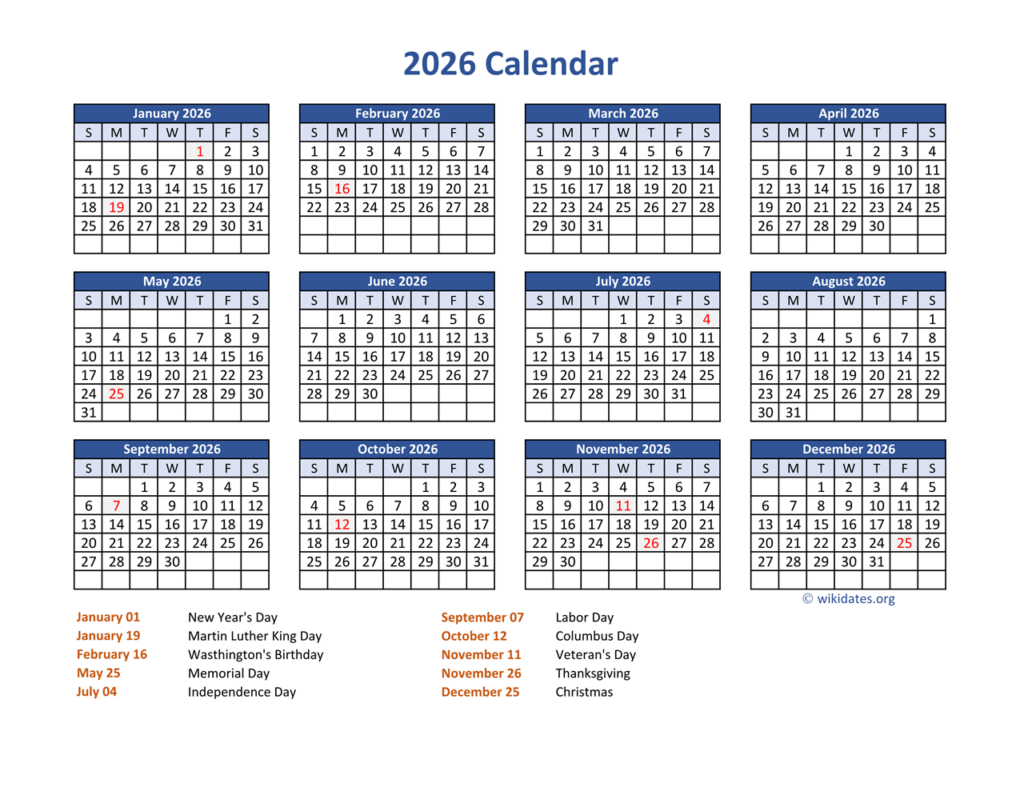 Free Printable 2026 Yearly Calendar With Holidays - calendar.mammycares.com